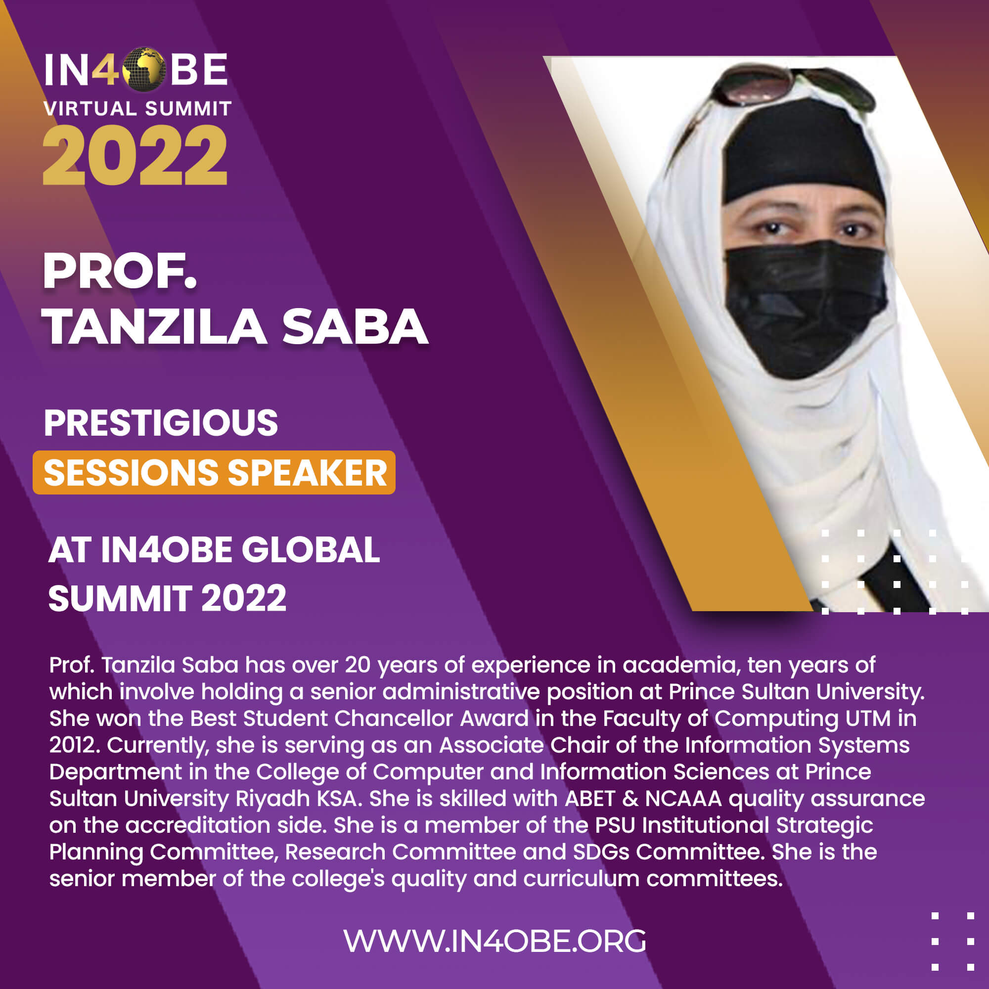 Prof. Tanzila Saba is Prestigious Sessions Speaker at IN4OBE Global Summit 2022 - IN4OBE ...